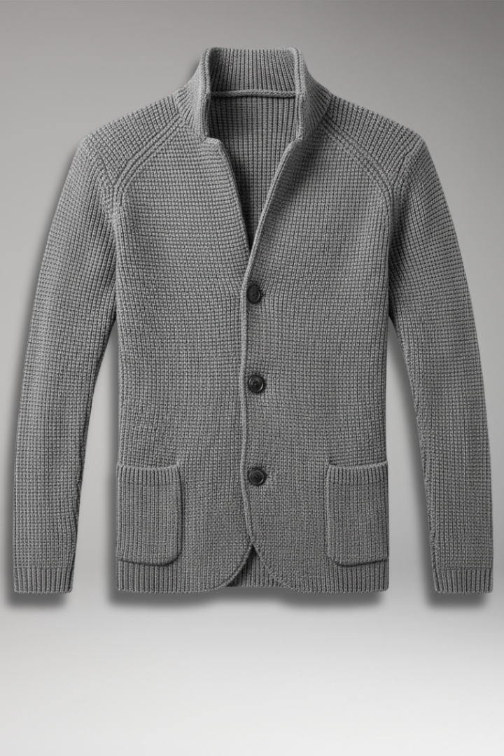 Men’s knit blazer with a stand collar, front button closure, and front ...
